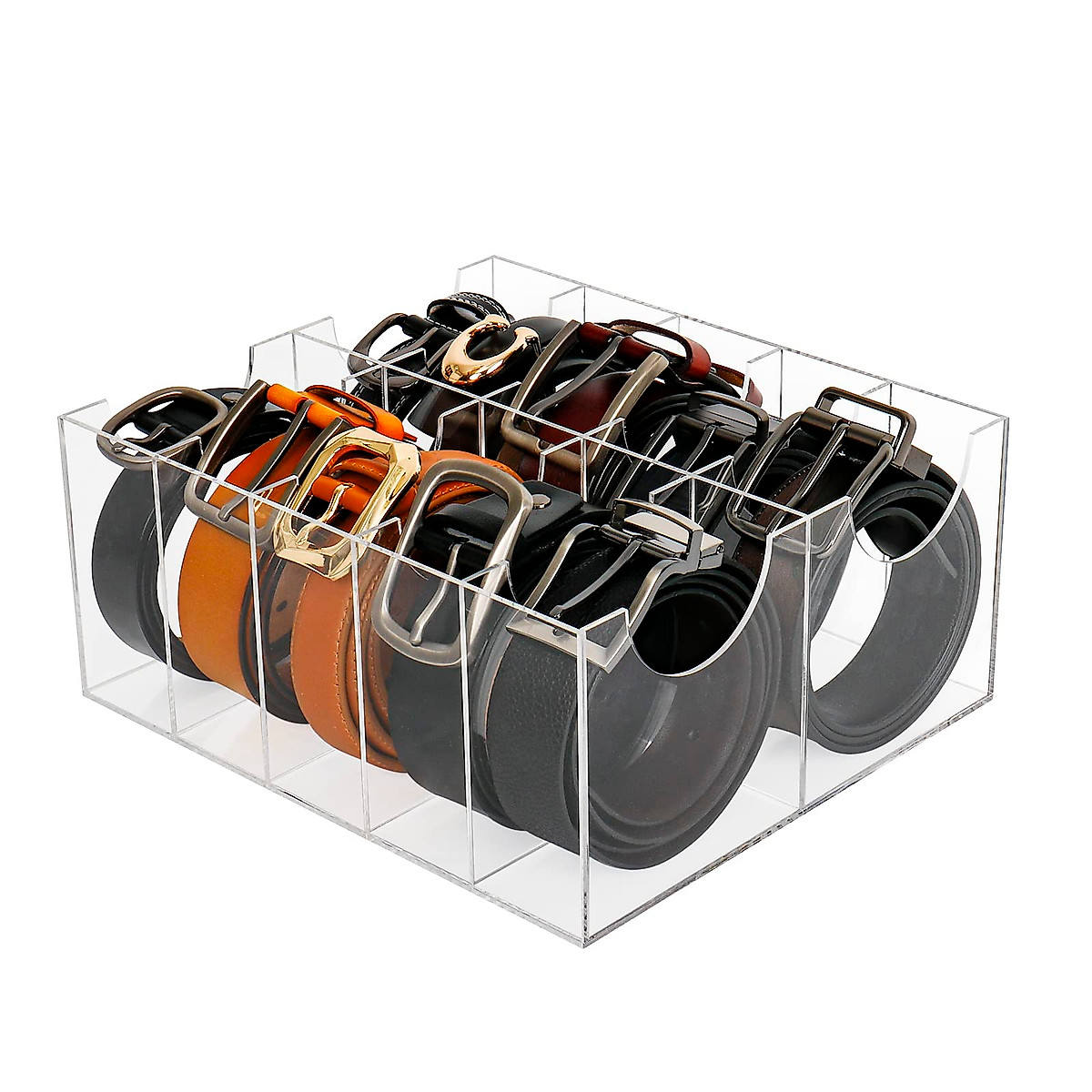 Cutora Belt Organizer, Acrylic Belt Storage Holder for Closet and Drawer, 10 Compartments Belt Container for Checkroom, Clear Belt Divider Display Case