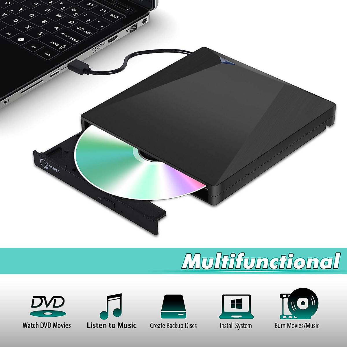 Gotega External DVD Drive - Fast USB 3.0 & Type C
