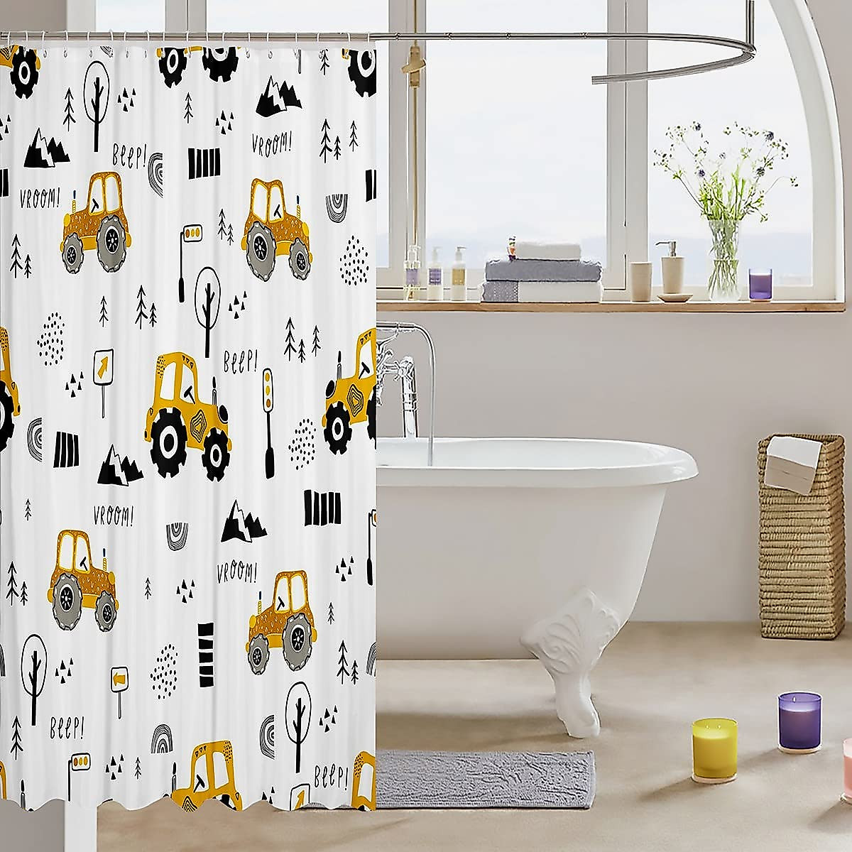 Construction Shower Curtain 72"Wx78"L,Cartoon Car Vehicles Bath Curtain for Toddler Kids,Retro Tractors Trucks Bathroom Curtain,Kawaii Yellow White Home Stalls Bathtubs Decor Boys Truck Room Decor