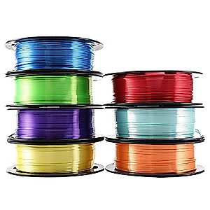 Shiny Silk PLA 3D Printer Filament 7 Spools Bundle, 1.75mm Bright Red Blue Yellow Green Cyan Orange Purple PLA 7 in 1 Rainbow Colors, Each Roll 0.5kg Total 3.5kgs with One Bag Sample Color Gift MKOEM