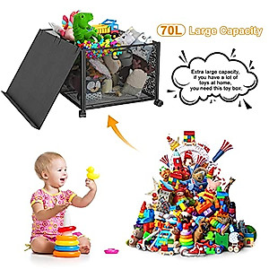 SHIISEWE Toy Storage Box, Metal Toy Organizers and Storage Bins, Large Toy Box for Boys Girls, 70L Toys Storage Chest with Wheels, Collapsible Kids Toy Storage Organizer for Nursery, Playroom