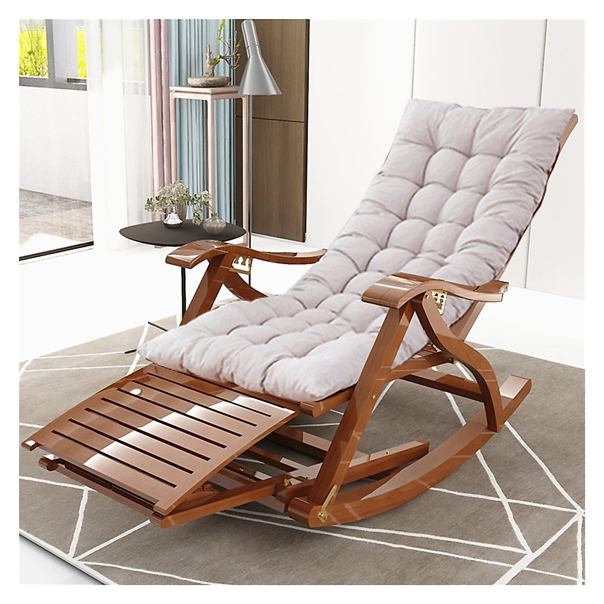 Wooden Rocking Chair Armchair for Heavy Duty Adults,Indoor Bamboo Chair Leisure Relax Chair Rocker with Cushions,Foldable Reclining Lounger Chair with Foot Massage Board (Color : with pad-1)
