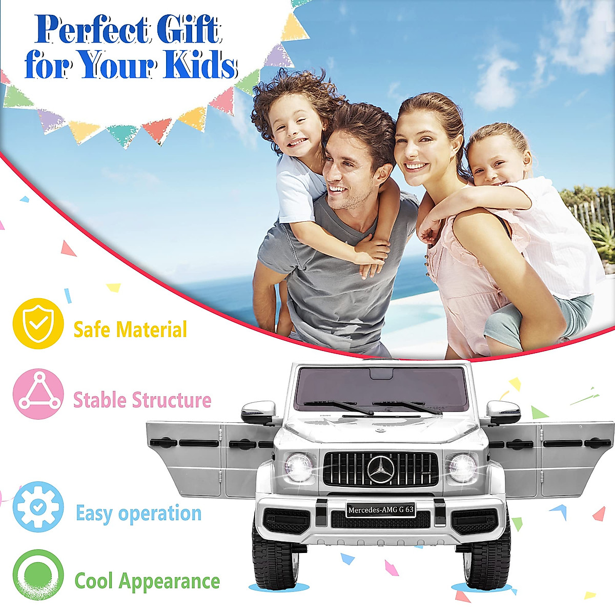 TOBBI 12V Kids' Electric Vehicle, Licensed Mercedes Benz G63 Electric Car for Kids, Kids Ride On Car Parents Remote Control, Openable Doors/Spring Suspension System/Music's Play & Led Lights-White