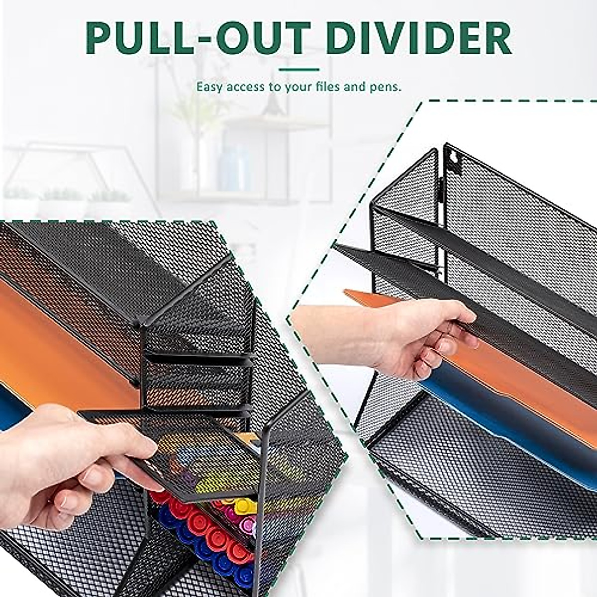 File Organizor Wall Mounted 4 Tiers Durable Adjustable Metal Vertical Hanging With 4 Pen Slots Stable R-shaped Bottom 4 Pull-out Devider to Sort File, Mail, Newspaper,Pen, Suitable for Office,Black