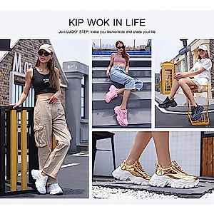K KIP WOK Chunky Sneakers for Women Fashion Platform White Leather Casual Dad Shoes Comfortable Wedge Walking Sport Sneakers(Pink,7)