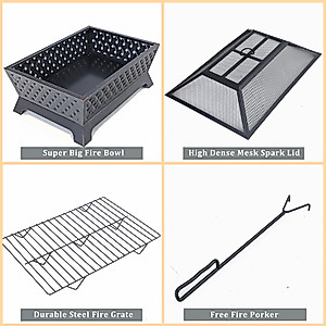 Sophia & William Outdoor Wood Burning Fire Pit Rectangle 33.9" Lx24.0 Wx12.6 H Heavy Duty,Large Patio Steel Bonfire BBQ Grill Firepit with Mesh Spark Lid and Fire Poker for Outside Backyark, Bronze