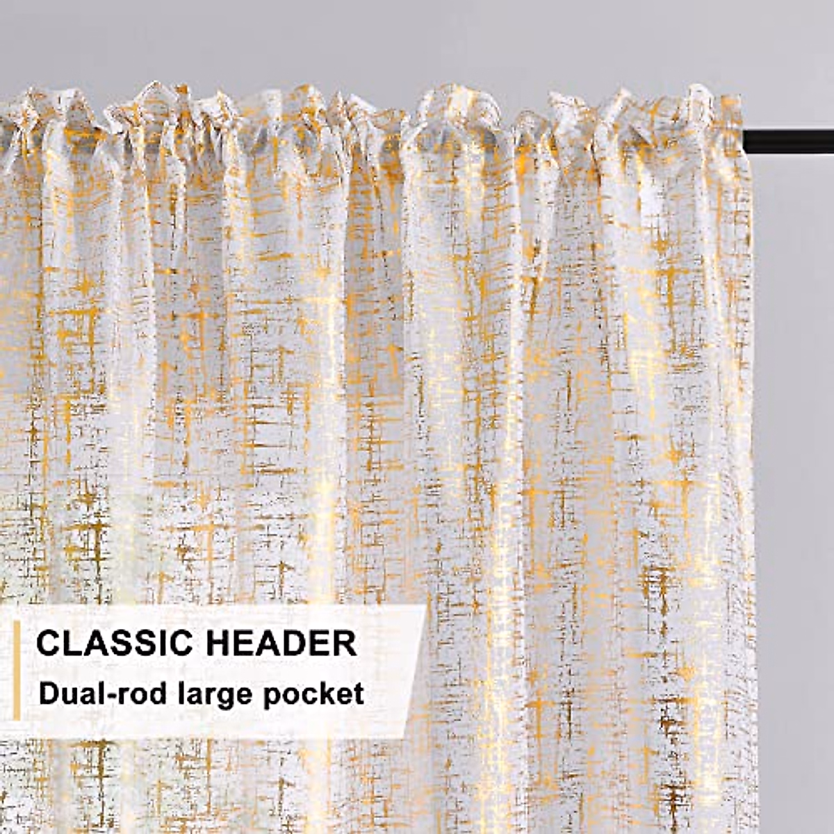 TERLYTEX Gold White Sheer Curtains 63 Inch Length, Metallic Gold Foil Cross Hatch Design Sparkle Sheer Curtains for Bedroom, Rod Pocket Privacy Glitter Sheer Curtains 2 Panels, 52 x 63 Inch, Gold