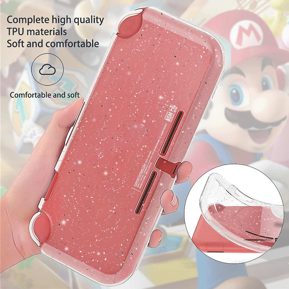 DLseego Carrying Case for Nintendo Switch lite, Newest Design Portable Travel Carrying Case 4 in 1 Accessories Kit with 1 Pcs Glitter case, 2 Pcs Screen Protectors and 4 PcsThumb Grips Caps -- Pink