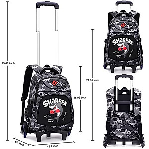 Wheeled Backpack School Kids Backpack with Wheels Boys Wheeled Backpacks 6 Wheels Camouflage Trolley Book Bags Shark Printed Wheeled Schoolbag for Boys Primary School Book Bags with Wheels Gray Bag