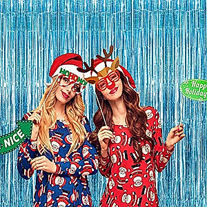 BRAVESHINE Light Blue Glitter Tinsel Foil Fringe Curtains - 2Pcs 3.2x8.2 ft Metallic Holiday Photo Booth Backdrop for Birthday Mermaid Ocean Pool Frozen Theme Baby Shower Wedding Party Streamers Decor