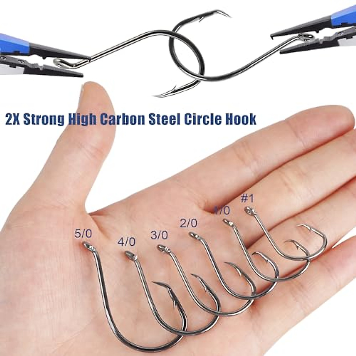 150PCS Fishing Hooks Circle Hooks, 2X Strong High Carbon Steel Freshwater Saltwater Octopus Catfish Hooks Offset Bulk Fishing Hooks Set #1 1/0 2/0 3/0 4/0 5/0