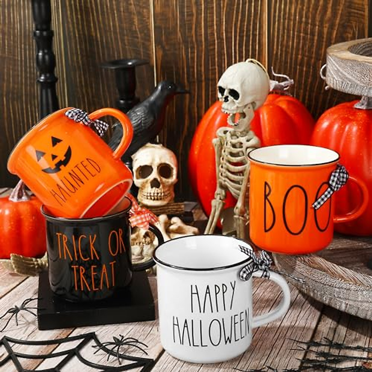 Whaline 6Pcs Halloween Mini Mugs with Plaid Ribbon Pumpkin Bat Mini Coffee Mug Halloween Party Cups for Table Centerpieces Tiered Tray Decor Gifts