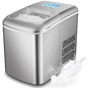 KUMIO Ice Makers Countertop with Self-Cleaning, 9 Pcs/6-8 Mins, 26.5 Lbs/24 Hrs, 2.1L Water Tank, 2 Sizes of Bullet Ice for Home/Party, LCD Digital Control Panel, Ice Basket & Scoop, Stainless Steel