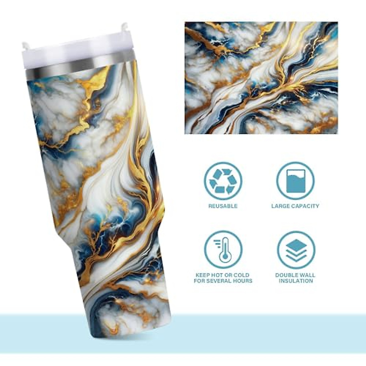 Maunzc 40 oz Tumbler with Handle and Straw, Insulated Stainless Steel Travel Mug with Lid for Coffee, Iced Tea, Water, Gift for Men Women (White Blue Gold Marble)