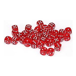 Chessex Dice d6 Sets: Red with White Translucent - 12mm Six Sided Die (36) Block of Dice