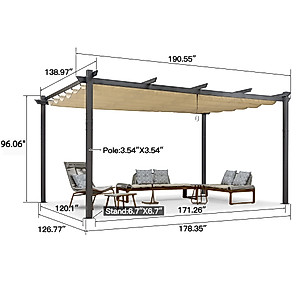 PURPLE LEAF 12' X 16' Outdoor Pergola with Retractable Canopy Aluminum Shelter for Porch Garden Beach Sun Shade Pavilion Grape Trellis Grill Gazebo Modern Backyard Deck Metal Patio Pergola Beige