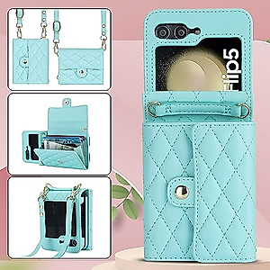 SZHAIYU Women Wallet Purse for Samsung Galaxy Z Flip 5 5G Case Crossbody with Credit Card Holder Strap Lanyard RFID Blocking Protection Flip Leather Zipper (Green, Z Flip 5)