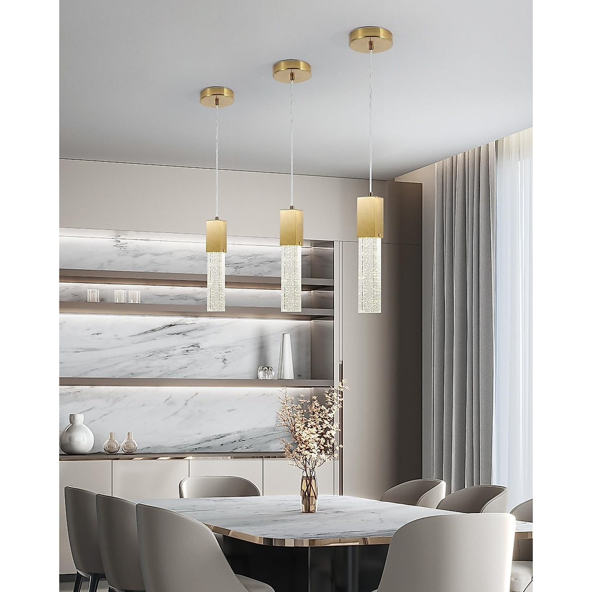 Mecgirn Modern Crystal Pendant Lights for Kitchen Island, Brushed Gold Pendant Light Fixtures 1-Light, Bubble Crystal Pendant Lighting for Bar Over Sink, GU10 Base (Bulb Not Included)