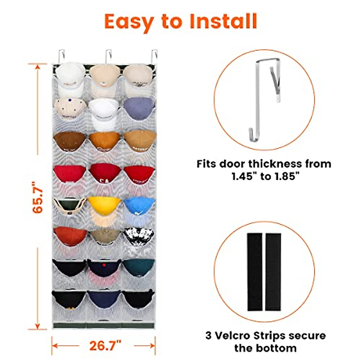 Hat Racks for Baseball Caps, 24 Pockets Hat Organizer for Cap Collection, Hat Holder with Deeper Breathable Mesh Slots & Velcro Preserve Hats' Brims 1