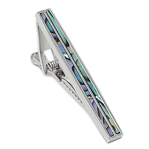 MENDEPOT Classic Rhodium Plated Two Line Abalone Tie Clip With Box Abalone Stripe Tie Bar