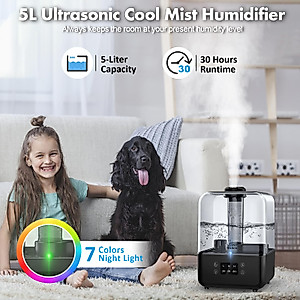 Humidifiers for Bedroom, Cool Mist Humidifiers for Large Room Home Baby, 5L Top Fill Ultrasonic Air Humidifier Quiet for Plants with Remote Control, Essential Oil Diffuser, Rotatable Nozzle - Black