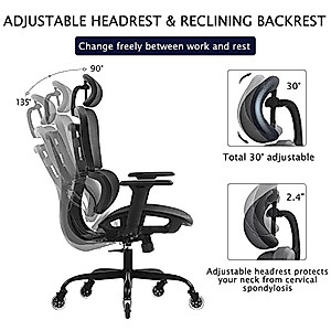 Office Chair, KERDOM Ergonomic Desk Chair, Comfy Breathable Mesh Task Chair with Headrest High Back, Home Computer Chair 3D Adjustable Armrests, Executive Swivel Chair with Roller Blade Wheels (Black)