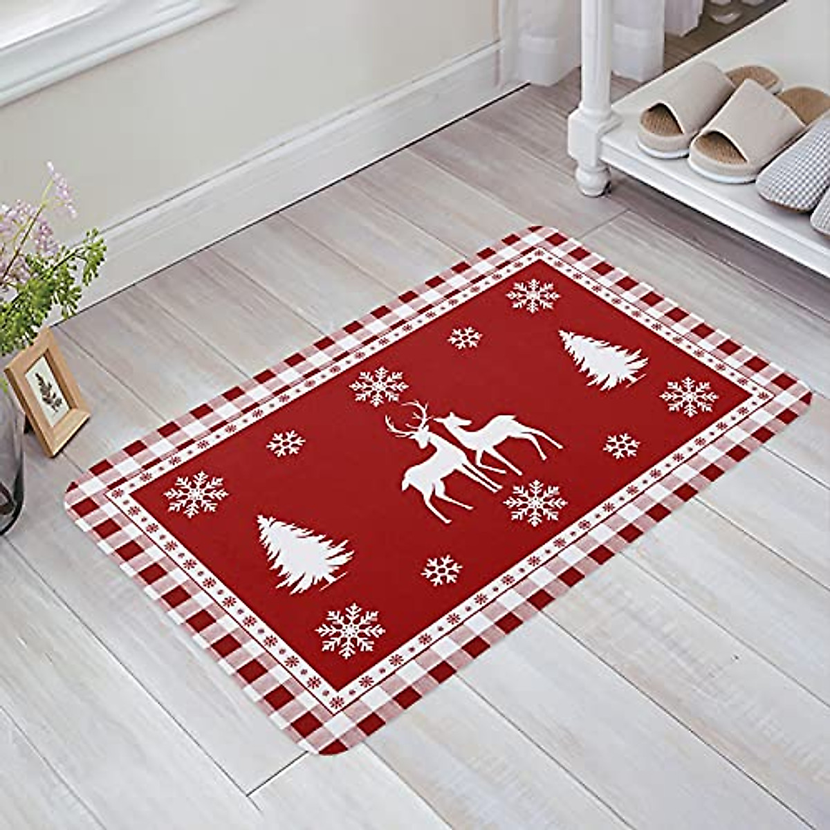 Christmas Bath Rugs Elk Deer Snowflake Sponge Doormat Absorbent Non Slip Backing Durable Soft Flannel Mat Reindeer Red Buffalo Plaid Christmas Memory Foam Mats for Bathroom Kitchen 18 x 30 inches