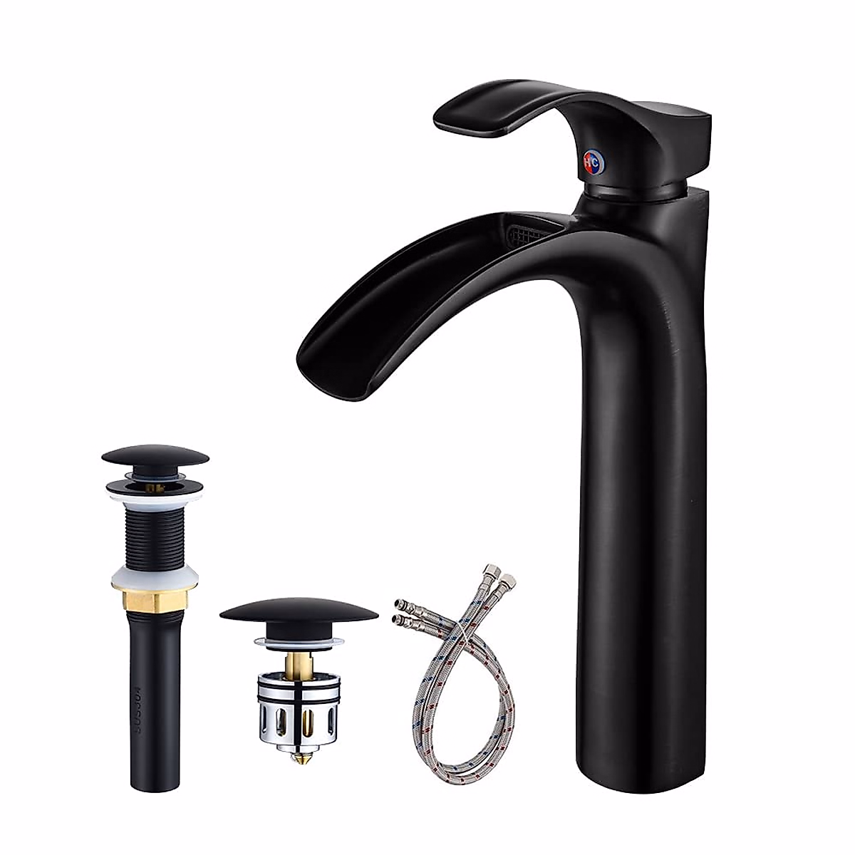 Yodel Faucet Matte Black Bathroom Vessel Sink Faucet Waterfall Spout Tall Single Hole with Metal Anti-Clogging Hair Catcher Pop Up Drain Without Overflow Lavatory Vanity Faucets