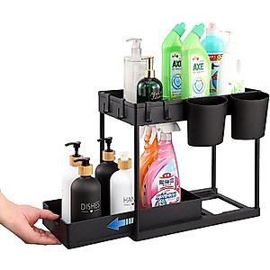 Wohingo Under Sink Sliding Organizers，2 Tier Home Under Cabinet Basket Organization and Storage Rack,Multi-purpose Countertop Storage Shelf for Bathroom Kitchen