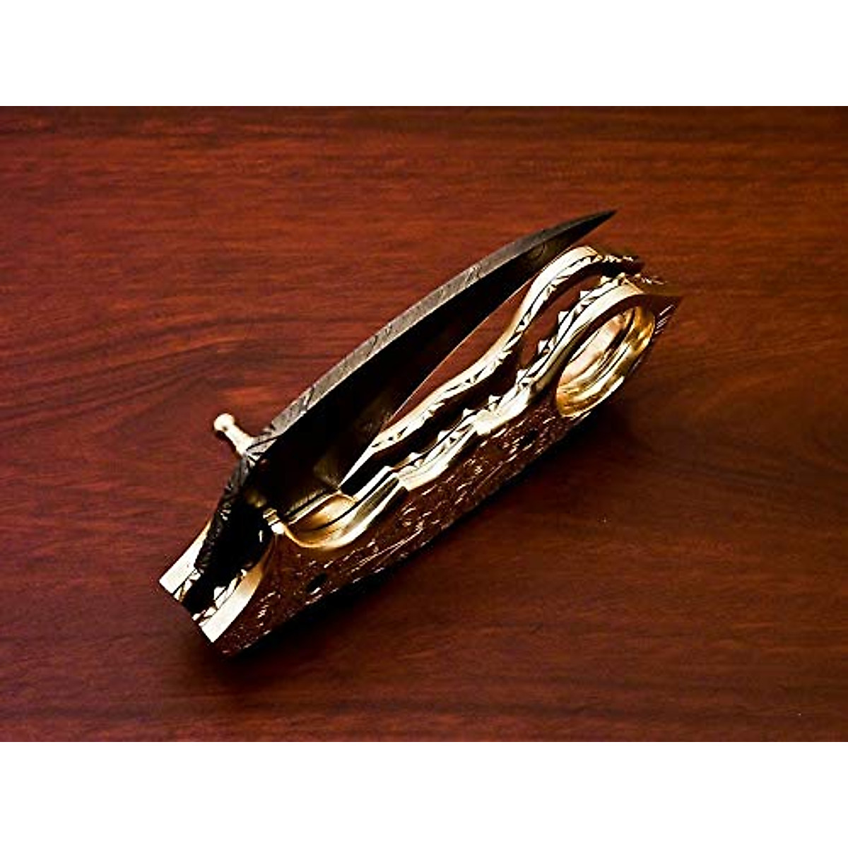 Handmade Damascus Folding Pocket Knife Karambit Knife Hunting Knife Handle Brass Steel Folding with Leather Sheath 1083