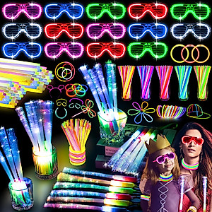 SHQDD 238 PCS Glow in the Dark Party Supplies, 24 PCS Glow Fiber Optic Wands, 14 PCS LED Glasses and 100 PCS Glow Sticks, 100 PCS Connectors, New Year Party Favors for Concert, Raves Birthday