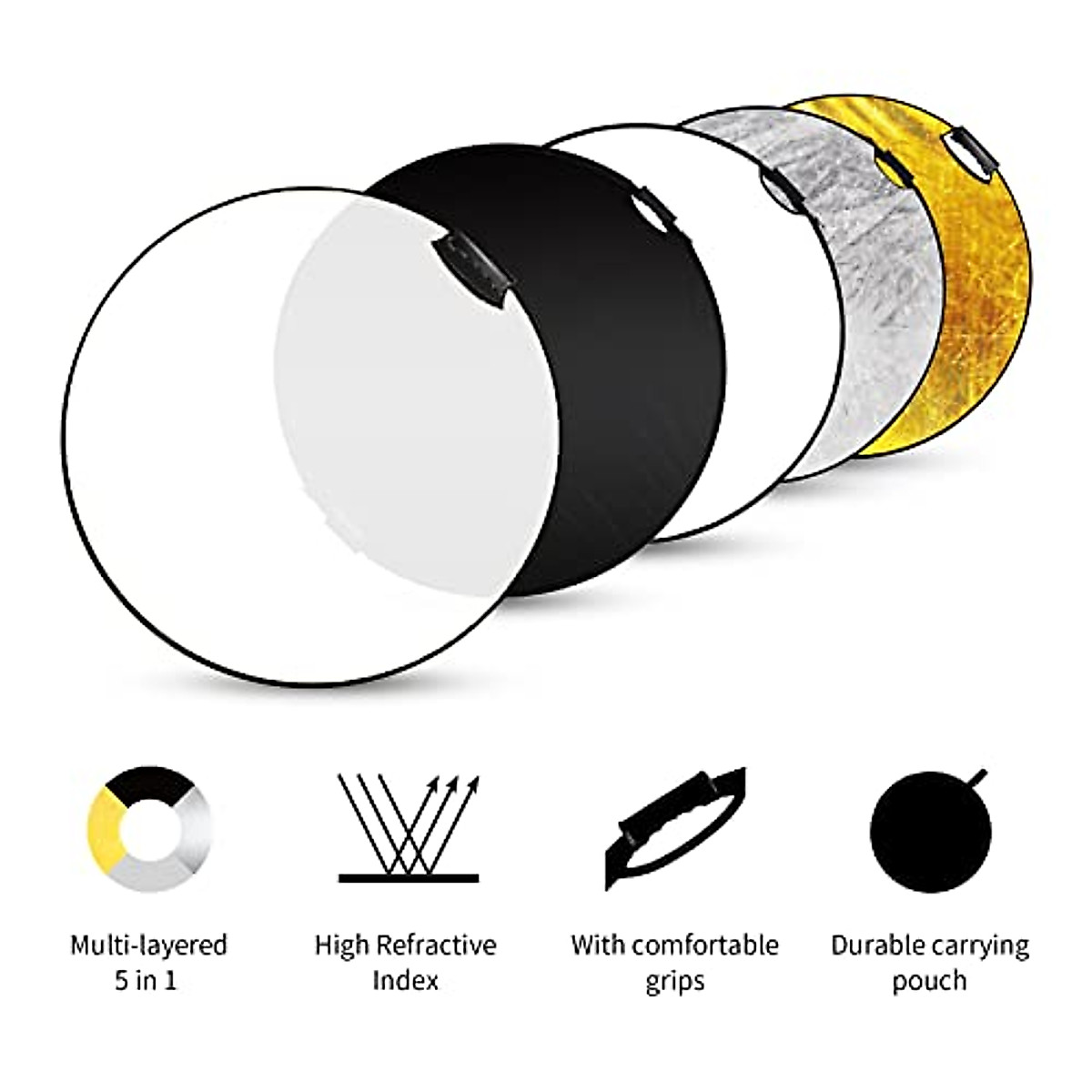 Selens Portable 5-in-1 24 Inch (60cm) Handle Round Reflector Collapsible Multi Disc with Carrying Case for Photography Photo Studio Lighting & Outdoor Lighting, Photography Multi-Disc Photo Reflector
