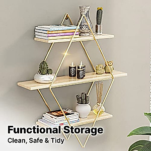 BENOLDY, 3 Tier Prism Gold Metal Frame Wall Mounted Floating Shelf with Pine Wood Rack - Decorative Storage Wall Shelves for Bathroom, Kitchen, Living Room, and Bedroom Organization