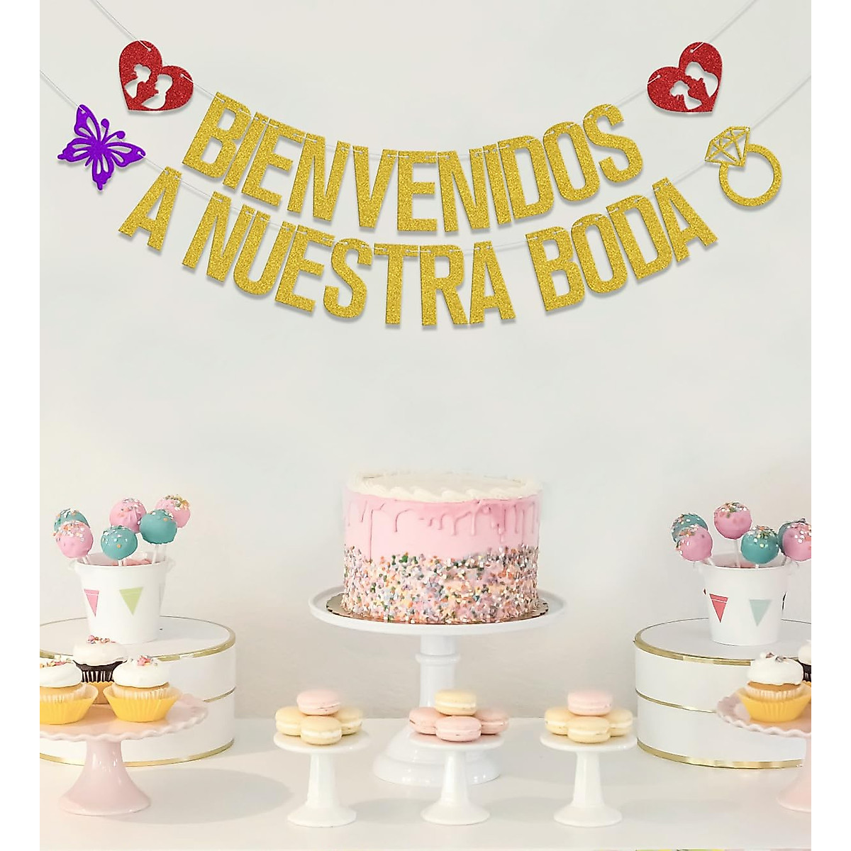 KEWUFD Spanish Welcome To Our Wedding Banner, Funny We're Engaged Decorations Wedding Party Decorations Bridal Shower Photo Prop Sign Gold Glitter