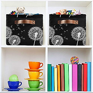 AGONA White Flower Dandelion Black Foldable Storage Bins Large Collapsible Fabric Storage Baskets with Leather Handles Organizing Box for Shelves Home Bedroom Nursery Office 2 Pack