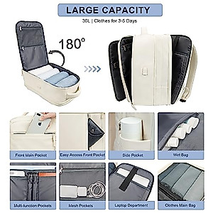 Hp hope Travel Backpack for Women Men, Expandable Airline Approved Carry On Backpack Flight Approved, Waterproof Hiking Weekender Backpack with USB Charging Port & Shoes Compartment, White