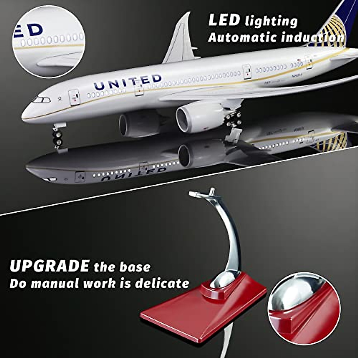 Lose Fun Park 1:130 Scale Large Model Airplane United Airlines Boeing 787 Plane Models Diecast Airplanes with LED Light for Collection or Gift