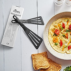 HOTEC Heat Resistant Silicone Slotted Fish Turner Spatula Set Flipper Spatulas for Cooking Non Stick Cookware Strong Dishwasher Safe Black