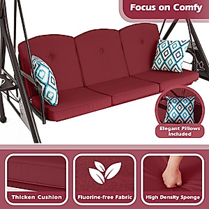 ZZW Patio Swing with Canopy 800LBS Ultra Load Outdoor Swing with Cup Holder 3-Seat Porch Swing for Adults Heavy Duty Patio Swing Bed for Patio, Backyard and Poolside, Wine Red