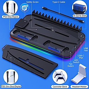 PS5 Stand, PS5 Slim Stand with Cooling Station and Controller Charging Station for PS5 Slim Console Disc/Digital, PS5 Accessories-Cooling Fan, RGB LED, Headset Holder, 15 Game Slot for Playstation 5