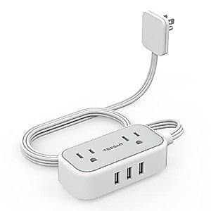 Flat Plug Extension Cord with 3 USB Ports, TESSAN Ultra Thin Power Strip with 2 AC Outlets Cruise Ship Essentials, Small 5 ft Low Profile Outlet Concealer for Travel Office School Dorm Room Essentials