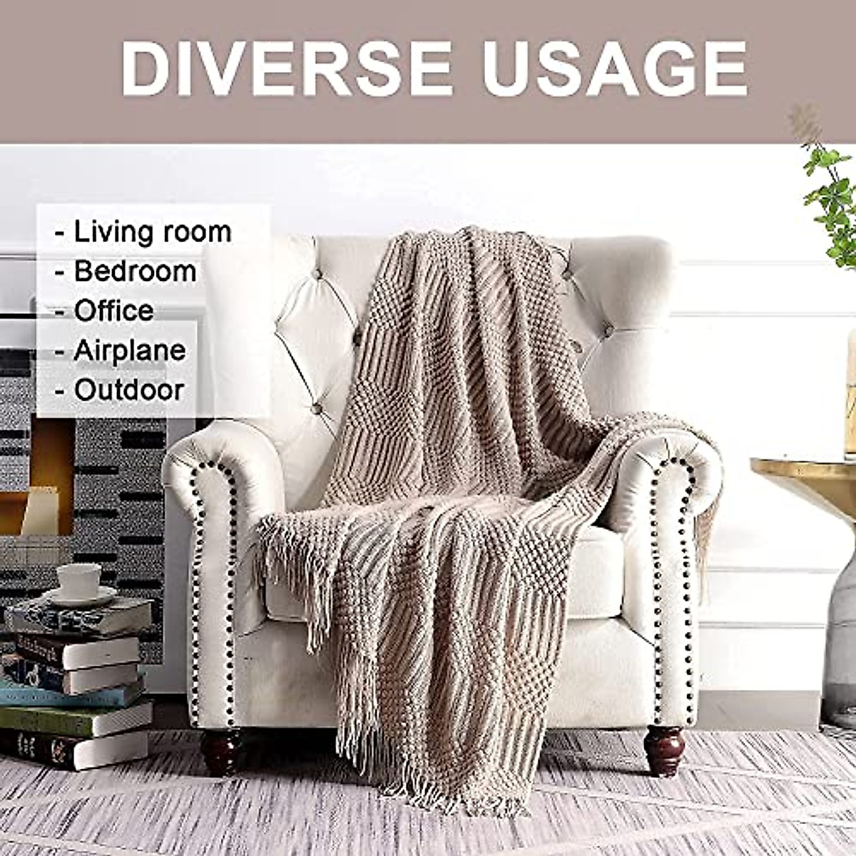 lifein Tan Throw Blanket for Couch-Soft Knitted Farmhouse Boho Throws,Cozy Knit Small Lightweight Blankets&Throws with Tassels for Bed,Chair,Sofa,Room,Home Decor,Spring (Light Khaki/Tan,50 * 60in)