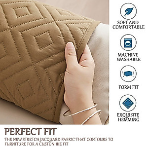 Sofa Armrest Cover, Headrest Cover for Recliner Chair Arm Cover, Armchair Slipcover with Pockets, Nonslip Quilted Furniture Protector for Pets Leather Sofa Couch (Khaki(Style B),3 Seater(5pcs))