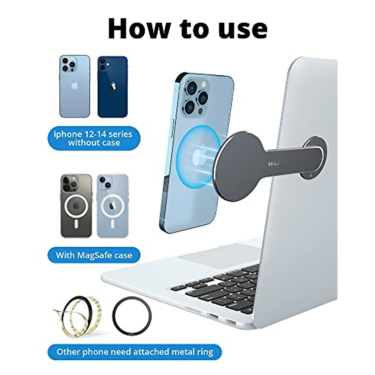 MiLi Magnetic Laptop Phone Holder, Adjustable Monitor Side Mount Phone Holder, Screen Extension Bracket for iMac/MacBook, Compatible with MagSafe for iPhone 12/13/14 Max/Pro/Mini (Dark Gray)