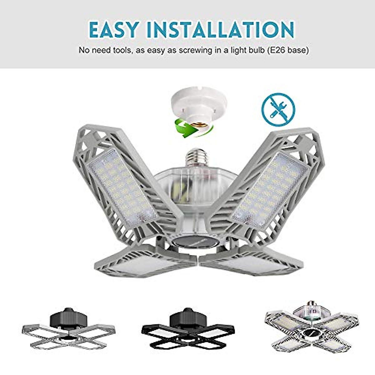 LED Garage Light Deformable Adjustable Garage Lamp High Bay Light for Workshop Parking Warehouse 150W 15000LM (Silver Shell, One Size)