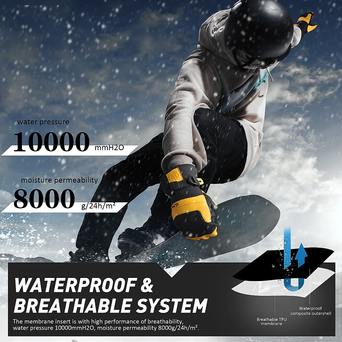 MCTi Ski Mittens Leather Mitten Winter Cold Weather Waterproof Snow Mitt for Men（Yellow, Large）