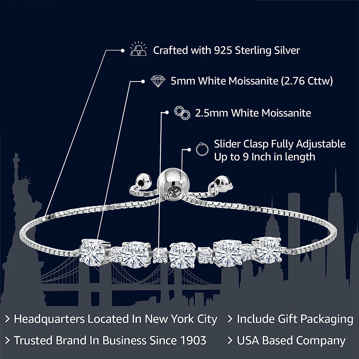 Gem Stone King 925 Sterling Silver White Moissanite Tennis Bracelet For Women | 2.76 Cttw | Round 5MM and 2.5MM | Fully Adjustable Up to 9 Inch