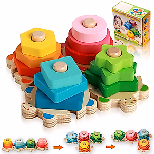 CTSHai Wooden Stacking Toys for Toddler 1 2 3 Year Old, Educational Montessori Toys Preschool Learning Shape Sorter Developmental Block Puzzle Baby Sensory Toys for Girls Boys Kids Multicolored