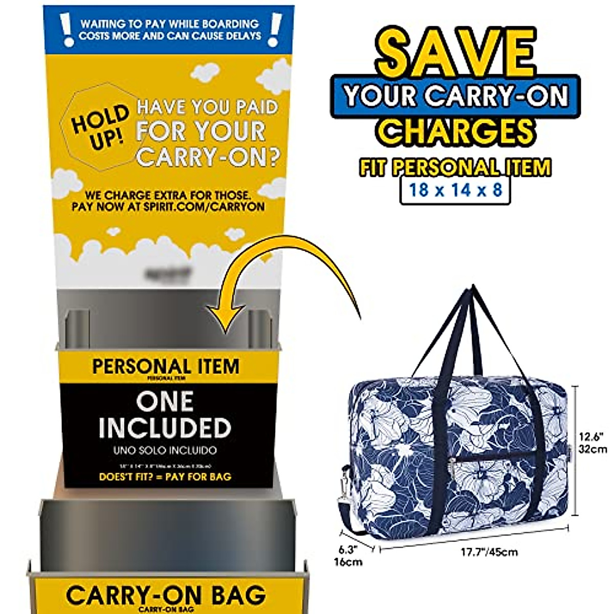 For Spirit Airlines Personal Item Bag 18x14x8 Foldable Travel Duffel Bag Tote Carry on Luggage Duffle Overnight for Women and Men (with Shoulder Strap))