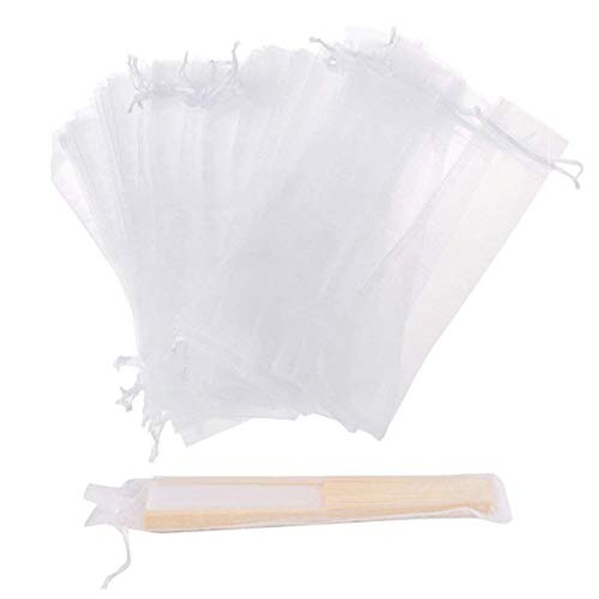Bezall 50Pcs Organza Hand Fan Bags, 2x10 Inches White Folding Fan Drawstring Bag Hand Fan Decorative Pouch Party Wedding Favor Gift Bags